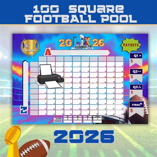100 Squares Pool Chart | Big Game 2026 Football Squares Printable | Championship Game Party | Instant Digital Download - Etsy