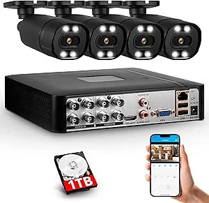 8CH H.265+ DVR and 4 x 1920TVL 2MP Home CCTV Cameras,Wired Security Camera System Outdoor, Smart face Capture and face Retrieval Functions,Email Alert, Mobile APP & PC Remote,1TB Hard Drive