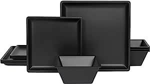 12 Piece Melamine Plates and Bowls Sets Square Dinner Set with Plates, Dishes, Bowls, Black Square Dinnerware Sets -Serving Platers for 4 Dishwasher Safe