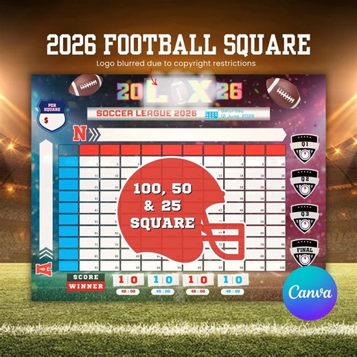 Football Squares Templates for Super Big Pool Game, 2026 Football 100,50 and 25 Squares Pool, Football Team Fundraiser Game,instant Download - Etsy