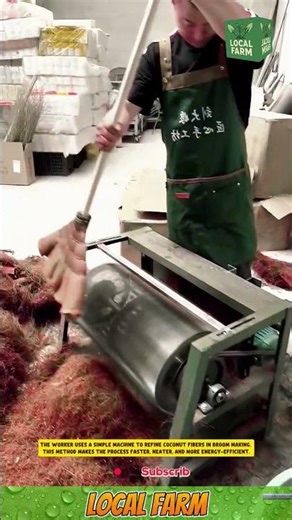 The worker uses a simple machine to refine coconut fibers in broom making.