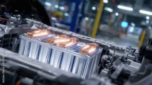 Close-up of modular lithium battery cells inside electric vehicle, metallic casing and connected busbars, studio lighting emphasizing advanced energy storage technology