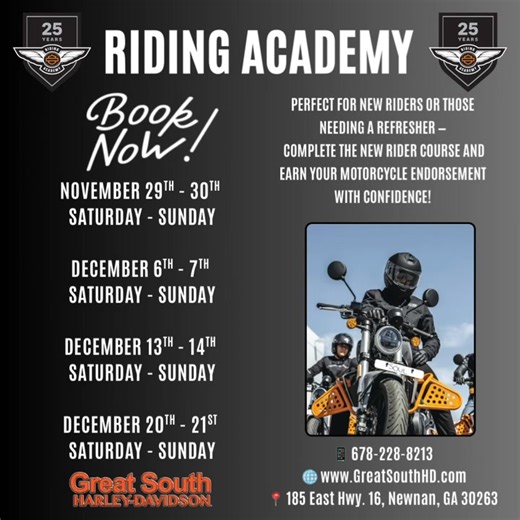 🏍️ READY TO RIDE? 🏍️ Only one class in November still has openings — November 29–30! The December Riding Academy calendar is now posted with weekend classes on: 📅 December 6–7 📅 December 13–14 📅 December 20–21 Perfect for new riders or anyone needing a quick refresher course! ✅ Complete the Harley-Davidson® New Rider Course ✅ Earn your motorcycle endorsement ✅ Ride with confidence 🎁 This also makes the perfect Christmas gift! Call today to reserve your spot, stop by in person to pick up a 