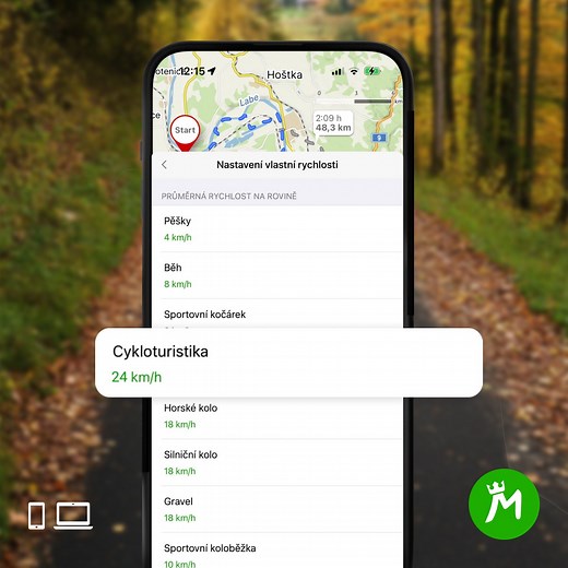 Plánujte trasy podle svého tempa, ne podle průměru. S Mapy.com Premium si nastavíte rychlost tak, jak vám to sedí. 🚲 Jezdíte na elektrokole? Dejte si 24 km/h. 🚶 Rychlá chůze? Klidně 6 km/h. 👼 Procházky s dětmi? Třeba 3 km/h. 🏃 Trailový běh? 8–10 km/h a fičíte. Jaká rychlost je „ta vaše“? Napište nám do komentářů, jaké tempo nejčastěji volíte. 💬💚 | Mapy.com
