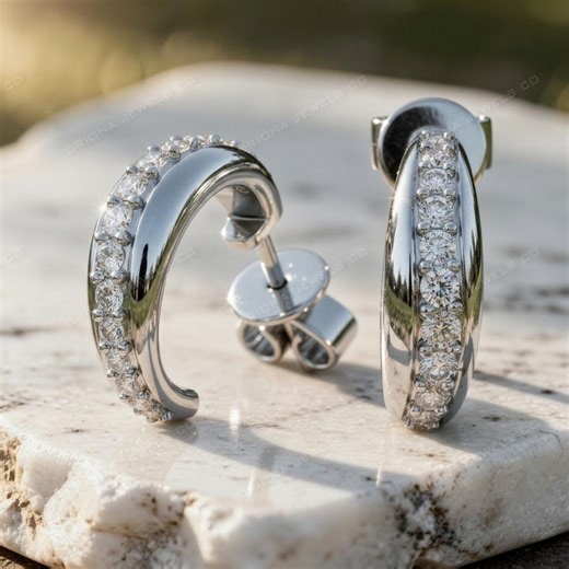 Round Diamond Hoop Earrings, Pavé Diamond Huggie Hoops, Minimal Diamond Hoop Earrings With Secure Push Back Closure - Etsy