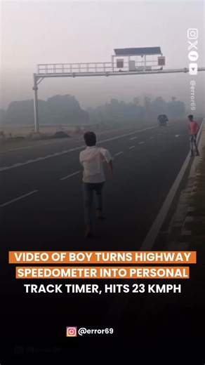 Error 69 on Instagram: "A local speed-monitoring device, typically used to catch drivers exceeding the limit, got an unexpected workout yesterday, courtesy of an energetic young boy. In a charming display of youthful curiosity and athleticism, the boy was spotted utilizing the roadside electronic speedometer a device usually reserved for law enforcement to track overspeeding vehicles and impose fines to measure his own running speed. The standard setup involves a display board that flashes a veh