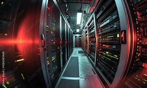 Dynamic View of a High-Tech Server Room Showcasing Rows of Server Racks and Glowing Lights in a Modern Data Center Environment