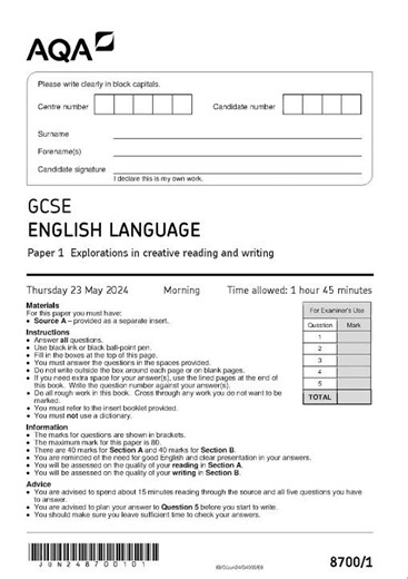 2024 aqa gcse english language question paper 1 87001 explorations in creative reading and writing