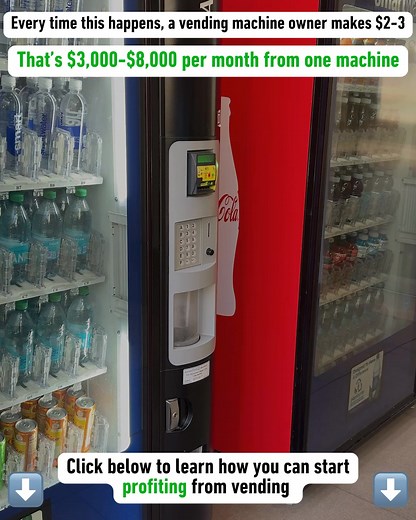 Every time this happens, a vending machine owner makes $2-3. That's $3,000-$8,000 per month from one well-placed machine. No employees to manage. No inventory headaches. No boss controlling your schedule. Just a machine working 24/7 generating passive income while you live your life. Here's what makes vending different from everything else: You're not trading time for money. You're building assets that pay you whether you show up or not. One machine pays you monthly. Ten machines pay you 10X. So