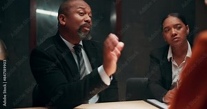 Police, criminal and discussion in interrogation room for investigation, legal question or arrest. Law enforcement, diversity and people in conversation with suspect for justice, interview or crime