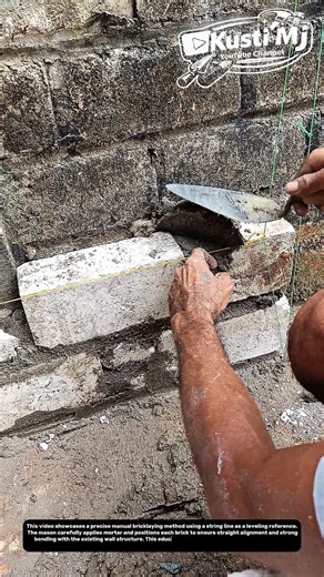 Accurate Brick Layering Technique – Manual Alignment with String Guide.