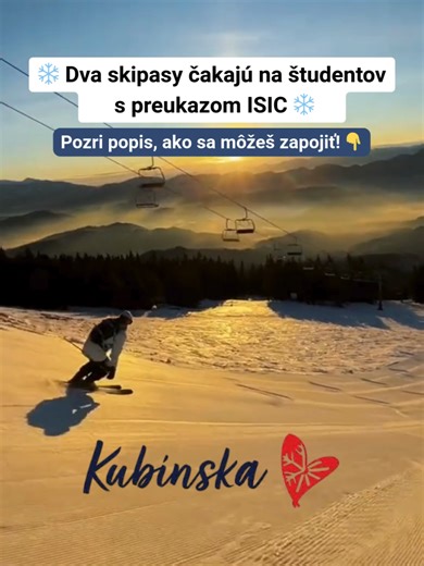 🎿❄️ Celý deň na svahu v SKI parku Kubínska ❄️⛷ Dvoch študentov s platným preukazom ISIC čaká celodenný skipas v SKI park Kubínska ⛷️🏔️ Ako sa zapojiť: 1️⃣ Sleduj náš TikTok @isic_slovakia 2️⃣ Maj platný preukaz ISIC 3️⃣ Do komentára napíš, s kým si to na svahu užiješ! (kľudne ho/ju označ 👀) 📅 Dvoch z vás vyberieme už 22.1.2026! Kompletné podmienky nájdeš na: www.isic.sk/sutaz_kubinska #sutaz #giveaway #student #slovakia