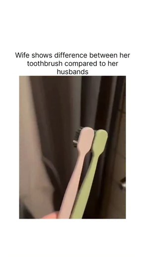 Toxicgram on Instagram: "The post shares a viral Instagram video from September 2025, showing a woman's hand contrasting her intact pink toothbrush with her husband's green one, whose bristles are completely frayed and splayed from excessive use. The clip underscores a common hygiene disparity; per the American Dental Association, frayed bristles reduce cleaning efficacy and risk gum irritation, recommending replacement every three months regardless of appearance."