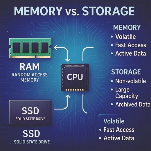 💡 Memory vs Storage Explained! Ever wondered why your computer needs both RAM and SSD? 🤔 RAM = Fast, temporary memory for active tasks. SSD = Long-term storage for your files and data. Know the difference and boost your tech knowledge! 🚀 #TechTips #MemoryVsStorage #RAM #SSD #fblifestyle #ComputerBasics #TechEducation #LearnTech #DigitalWorld #TechExplained #ITKnowledge | Tech Whiz Ajith