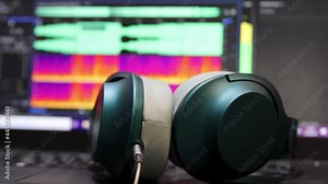 Musician, Sound engineer, high tech music production at home concept. Headphone being placed on laptop with sound mixing and spectrum in background.