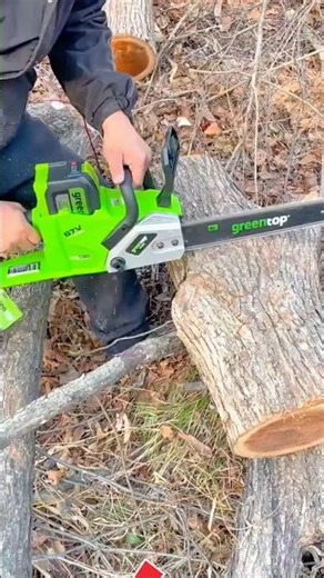 Using cordless chainsaw to cut fallen tree logs safely