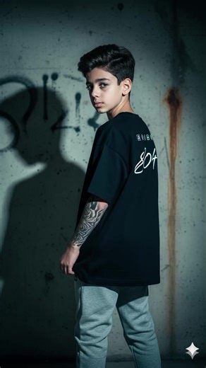 Brothers for life ... Create a picture Don't change the face :Ultra-realistic streetwear fashion portrait of a young 12 year handsome boy model reference image face standing in an underground industrial parking garage, rough concrete wall background with subtle graffiti marks and stains, moody cinematic lighting. Model turned back-facing but looking over his shoulder at the camera, confident serious expression. Outfit details: black cotton streetwear t-shirt (heavyweight fabric, matte texture), 