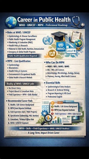 Public Health is not about clinical practice. It is about protecting population health through evidence-based programs, policies, and global health systems. Organizations like WHO and UNICEF work through technical, research, monitoring, and program management roles, where an MPH (Master of Public Health) is the core qualification. A strong public health career requires the right academic foundation, field experience through government or NGO projects, and skills in epidemiology, data analysis, r