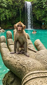 62K views · 472 reactions | “A little monkey with a big smile! Sitting joyfully on the weathered hand of nature’s stone, this adorable baby monkey enjoys the fresh, cool waterfall scenery. Pure happiness in the heart of nature! #MonkeyLife | Monkey vdo | Facebook