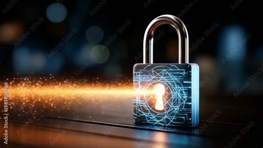 A powerful digital padlock glows with encrypted symbols as it secures information, showing security technology's evolution in an era of data protection and privacy.