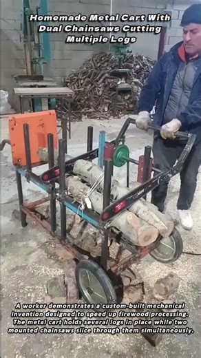Homemade Metal Cart With Dual Chainsaws Cutting Multiple Logs