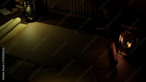 History Table with parchment paper, paper roll, old books, lamp, coins and maps. Stock Video