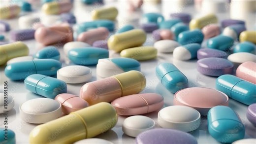 Different types of pills and capsules on a flat surface in a well-lit area showing various colors and sizes