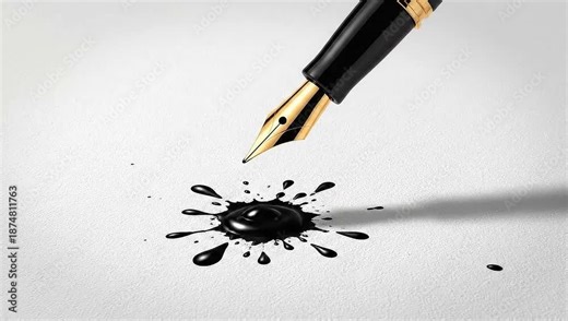 Fountain pen dropping ink on white paper, creating a black ink blot.