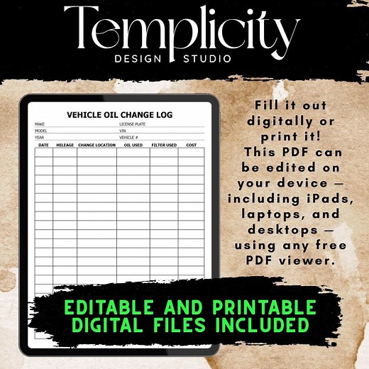 Vehicle Oil Change Log PDF | Editable Car Maintenance Tracker | Printable Auto Service Record for Mechanics, Fleet Managers & Personal Use - Etsy