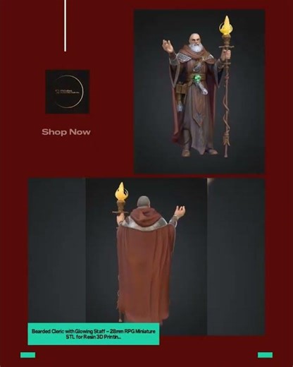 Bearded Cleric with Glowing Staff – 28mm RPG Miniature STL for Resin 3D Printing