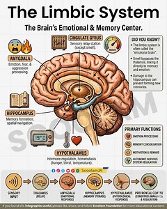75K views · 552 reactions | This infographic explains the limbic system and its key parts—amygdala, hippocampus, hypothalamus, and cingulate gyrus—showing how emotions, memory, motivation, and body regulation are deeply connected in the brain. #LimbicSystem #BrainScience #Neuroscience #MemoryAndEmotion #scoolam | Scoolam Foundation | Facebook