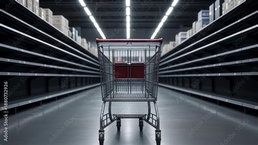 Shopping cart in empty store aisle at nighttime creates an eerie feeling of isolation and absence of products