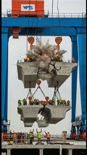 Dramatic Moment: Concrete Bridge Segment Breaks While Being Lifted by Crane