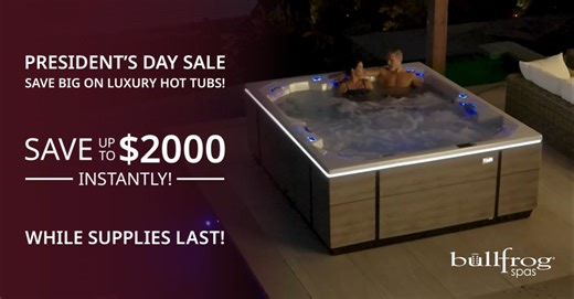 Life moves fast. This President’s Day, it’s time to slow down. At Bullfrog Spas of Minot, save up to $2,000 on a new Bullfrog Spa and enjoy a FREE Access Package Upgrade valued at up to $2,195. With the exclusive JetPak Therapy System®, every soak delivers personalized relaxation you won’t find anywhere else. Hurry! This President’s Day Sale ends February 16th. The savings don't stop at just hot tubs! During the sale, ALL water care products are 15% OFF! Visit Bullfrog Spas of Minot at 5207 N. B