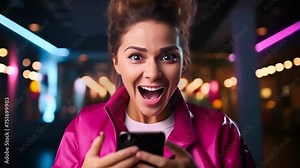 woman exited surprise face. shocked, surprise, funny female feels shocked. exciting smile and happy adorable rejoices. Very enjoy and fun relax time. wow, girl holding smartphone. Smile.