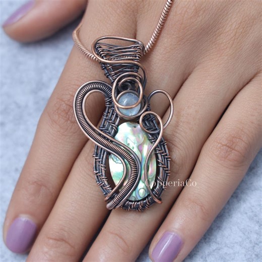 Abalone Shell & Rainbow Moonstone Pendant - Copper Wire Wrapped Necklace - Boho Handmade Jewellery - Gift for Her - Etsy