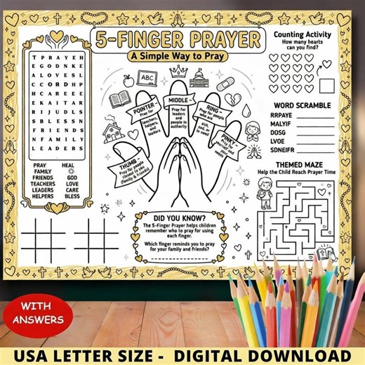 5 Finger Prayer Bible Activity Placemat Craft,sunday School Kids Prayer Lesson,christian Homeschool Printable,jesus Holy Thursday Maundy Art - Etsy