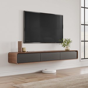 POVISON Fully-Assembled Minimalist Floating TV Stand for TVs up to 50",Wall-Mounted Entertainment Center with 3 Drawers, 63" Solid Wood TV Console,Walnut