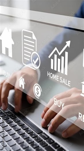 Users interact with a computer to explore real estate technology for home sales and rentals. Digital tools simplify mortgage documents and loan approvals