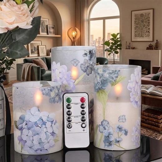 Hydrangea Flameless LED Pillar Candles Set of 3 With Remote & Timer, Flickering Battery Operated Candles, Spring Wedding Table Decor - Etsy