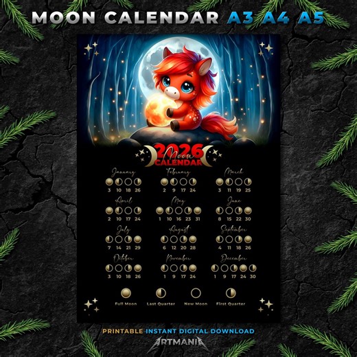 Printable Moon Phase Calendar 2026 Lunar Cycle Tracker Watercolor Wall Art Digital Download A3 A4 A5 Red Fire Horse Year Zodiac Poster Gift - Etsy