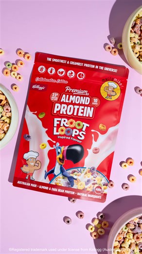 Your fave childhood cereal - reimagined into protein powder!🌈💪 Our NEW Froot Loops Inspired Premium Almond Protein is HOTTT!🔥🥵 Hurry, this flavour is selling out FAST!😱😱 Don’t miss out!😏 #macromike #kelloggs #cereal #protein #viral ®Registered trademark used under license from Kellogg (Australia) Pty Ltd. | Macro Mike - Clean Treats