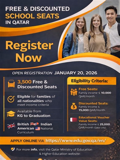 Big News for Parents in Qatar! 📚 Free & Discounted School Seats Now Open Great opportunity for families in Qatar! 🇶🇦 MoEHE opens online registration from January 20, 2026 for 3,500 free and discounted school seats in private schools and kindergartens. Open to families of all nationalities (eligibility applies) with options across British, Indian, American, and National curricula — and seats valid until graduation. Apply via: https://www.edu.gov.qa/en/ Don’t miss this chance! 🎓