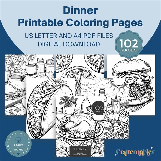 Dinner Food Coloring Pages - Printable Meals for Adults & Kids (PDF Download A4/letter Size) - Etsy