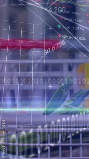 Vertical video: Gridlines appearing, HUD sliding and updating percentages over cart, showing trends