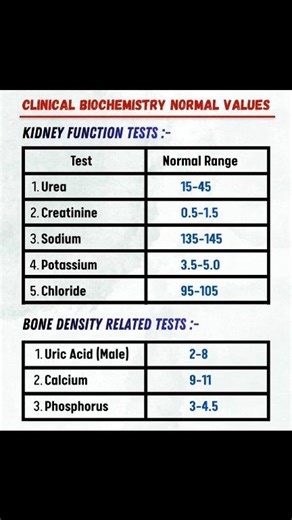 📊 Clinical Biochemistry Normal Values Kidney function & bone density tests made easy for quick revision 🧠🩺 Save & share for exams and clinical practice ✔️ . . . . #ClinicalBiochemistry #NormalValues #KidneyFunctionTest #KFT #Urea #Creatinine #Electrolytes #Sodium #Potassium #BoneDensity #Calcium #Phosphorus #UricAcid #MedicalStudents #PharmacyStudents #NursingStudents #LabValues #MedicoLife #HealthcareEducation #ExamRevision | Spharmalab
