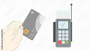 video footage , customer pays by contactless card in wireless terminal graphic animation with alpha channel. payment is approved take a check