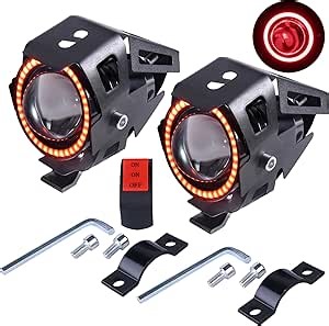 Motorcycle LED Fog Lights U7 Spotlight with High Low Strobe Beam Halo Rings White Central with U7 LED Running DRL Switches Clamps Universal Spotlights Driving Lights 2 Packs