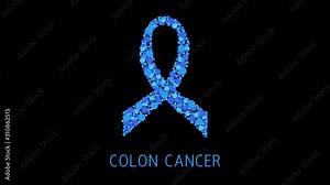 Colon cancer awareness animation. Blue ribbon made of dots on white background. Rectum disease medical concept. Seamless loop motion graphics with alpha channel.