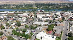 Drone footage of downtown Wenatchee and the Columbia River in Central Washington